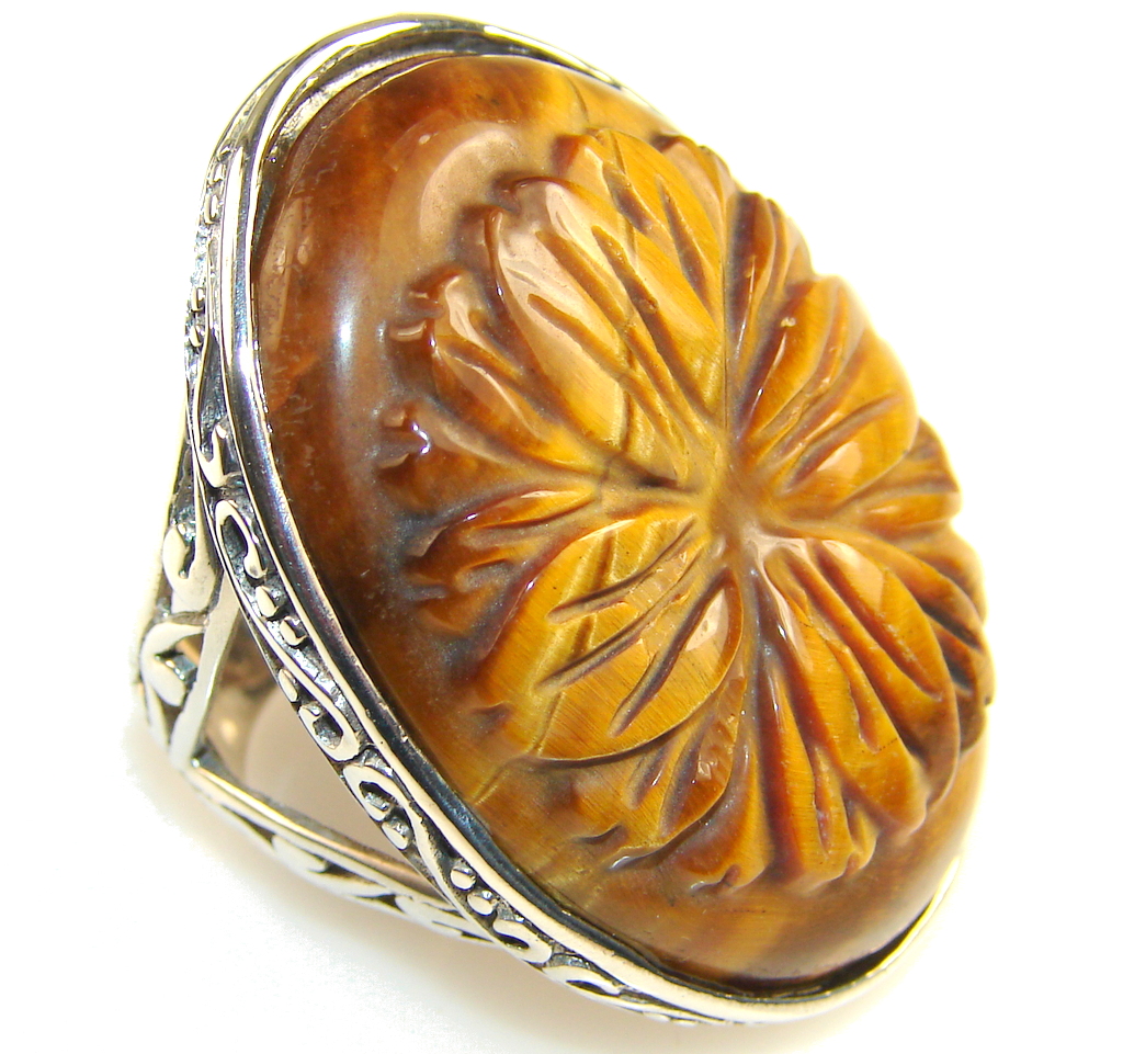 Design Carved Tigers Eye Sterling Silver Ring S. 8 1/2 | Bubblelounge